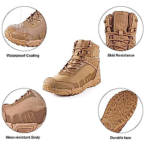 FREE SOLDIER Men's Waterproof Hiking Boots Lightweight Work Boots Military Tactical Boots Durable Combat Boots(Brown, 7.5 US)