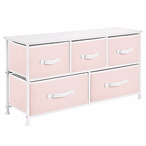 mDesign Wide Steel Frame/Wood Top Storage Dresser Furniture with 5 Fabric Drawers, Large Bureau Organizer for Baby, Kid, and Teen Bedroom, Nursery, Playroom, Dorm - Jane Collection, Pink/White, Pack of 1