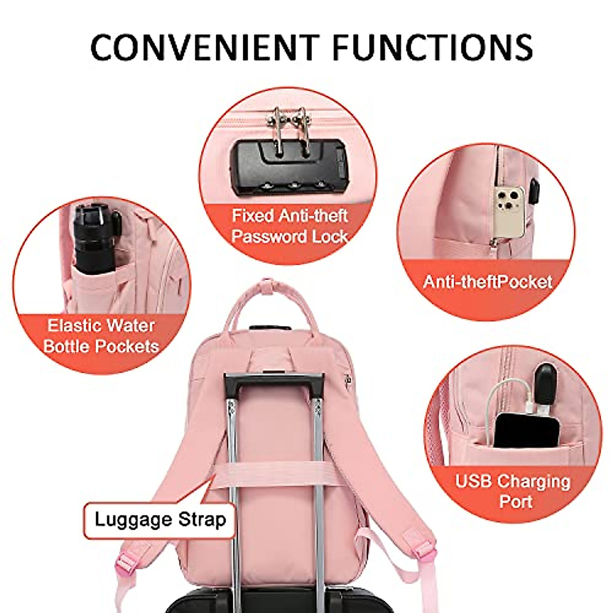 LOVEVOOK Laptop Backpack for Women, Travel Anti-theft Work Bag Business Computer Backpacks Purse College Bag, Casual Hiking Daypack with Lock, 15.6 Inch, Light Pink