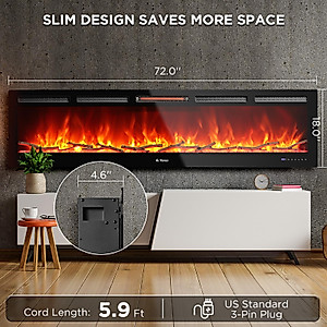 TURBRO 72” Smart WiFi Infrared Electric Fireplace with Sound Crackling and Realistic Flame, 1500W Quartz Heater, Recessed or Wall Mounted, Adjustable Flame Effects, Remote Control and App, in Flames
