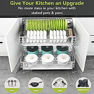 2 Tier Pull Out Cabinet Drawer Organizer Heavy Duty Pull Out Spice Rack 304 Stainless Steel Deepen 47cm Kitchen Slide Out Storage Shelf for Cans, Bakeware for Pantry, Cupboard, Bathroom Cabinet (59W*