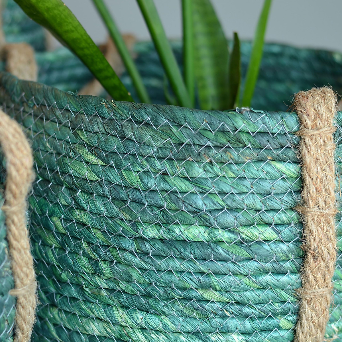 Farmers 3 Piece Basket Set, Green Dye Soaked Floor and Shelf Organizers, Corn Husk Wicker, Durable Chunky Rope Weave, Handles, Stitched, Reinforced, Rustic Home Decor, Round, 13, 11, 9 Inches