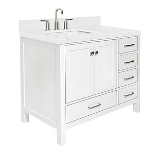 ARIEL Cambridge 42 Inch Bathroom Vanity with Sink, White Bathroom Vanity, Solid Wood Vanity Base Cabinet, Carrara White Quartz 1.5" Edge, Rectangular Single Sink, 2 Soft Closing Doors, 5 Drawers