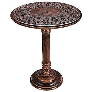 Round End Table,Small Table,Side Table, Side Tables Living Room,End Table,Round Side Table,Altar Table, Carved Side Table,Wood Accent Table,Carved Wood Table Single Pillar 18x22 inch Burnt