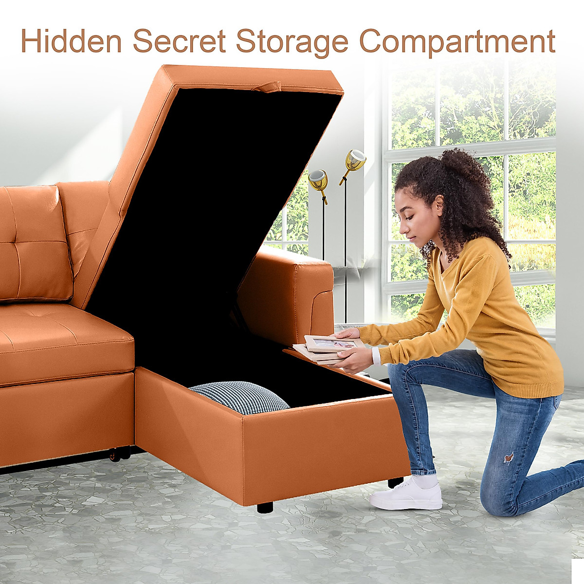 Naomi Home Transform Any Space: Sleeper Sectional Sofa with Convertible Sofa Bed & Inviting Chaise. Find Tranquil Comfort with Stress-Relieving Design & Durable Cushions - Caramel,Air Leather