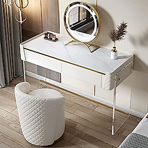 ZHIVIQ Vanity Set with Lighted Mirror, 3-Color Touch Screen Dimmable Mirror, Bedroom Makeup Dressing Table with Cushioned Stool