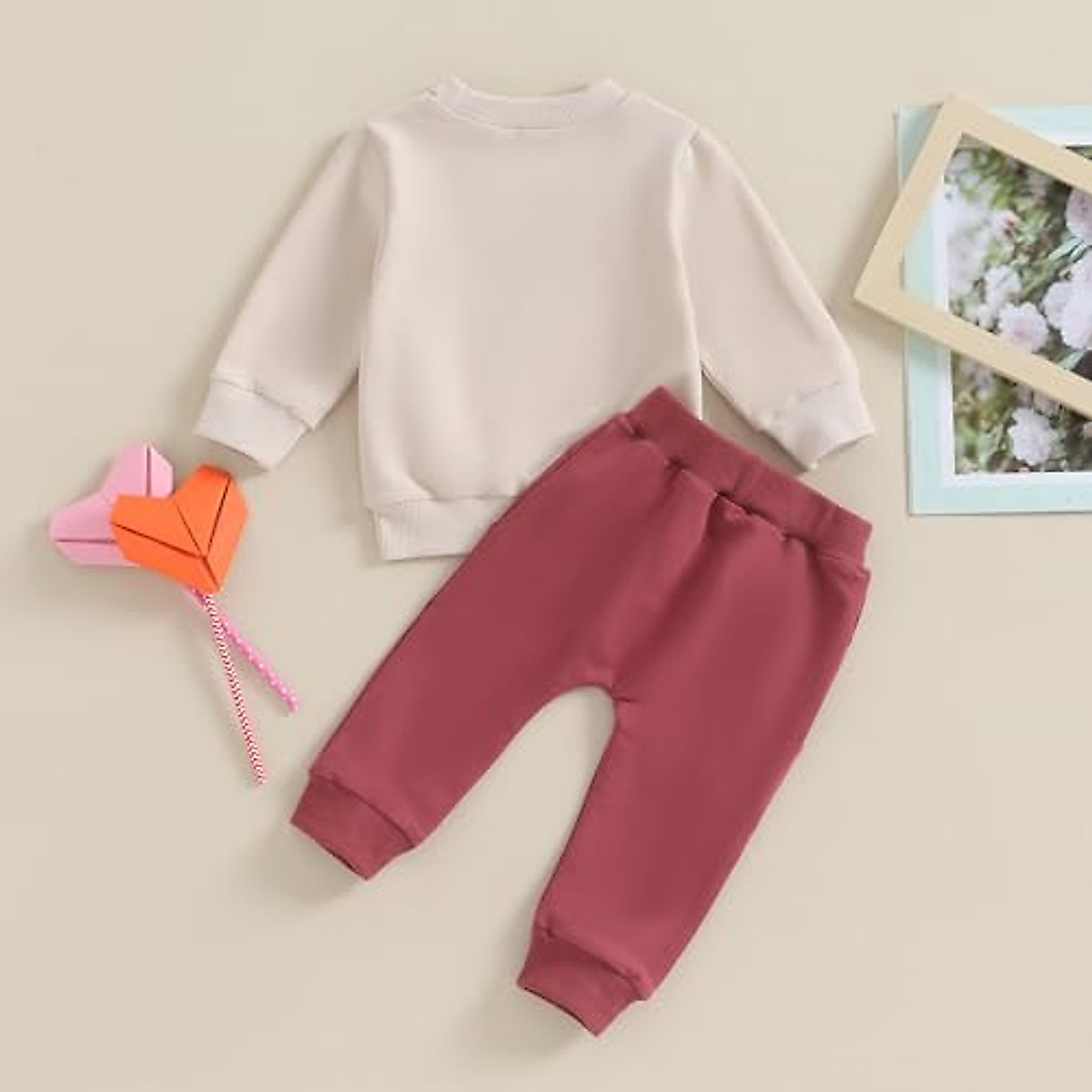 Meiweileya Infant Baby Boy Girl Fall Winter Clothes Loved Long Sleeve Sweatshirt Pullover Tops Red Pants Set Valentines Day Outfit 2Pcs (Khaki+Red, 12-18 Months)