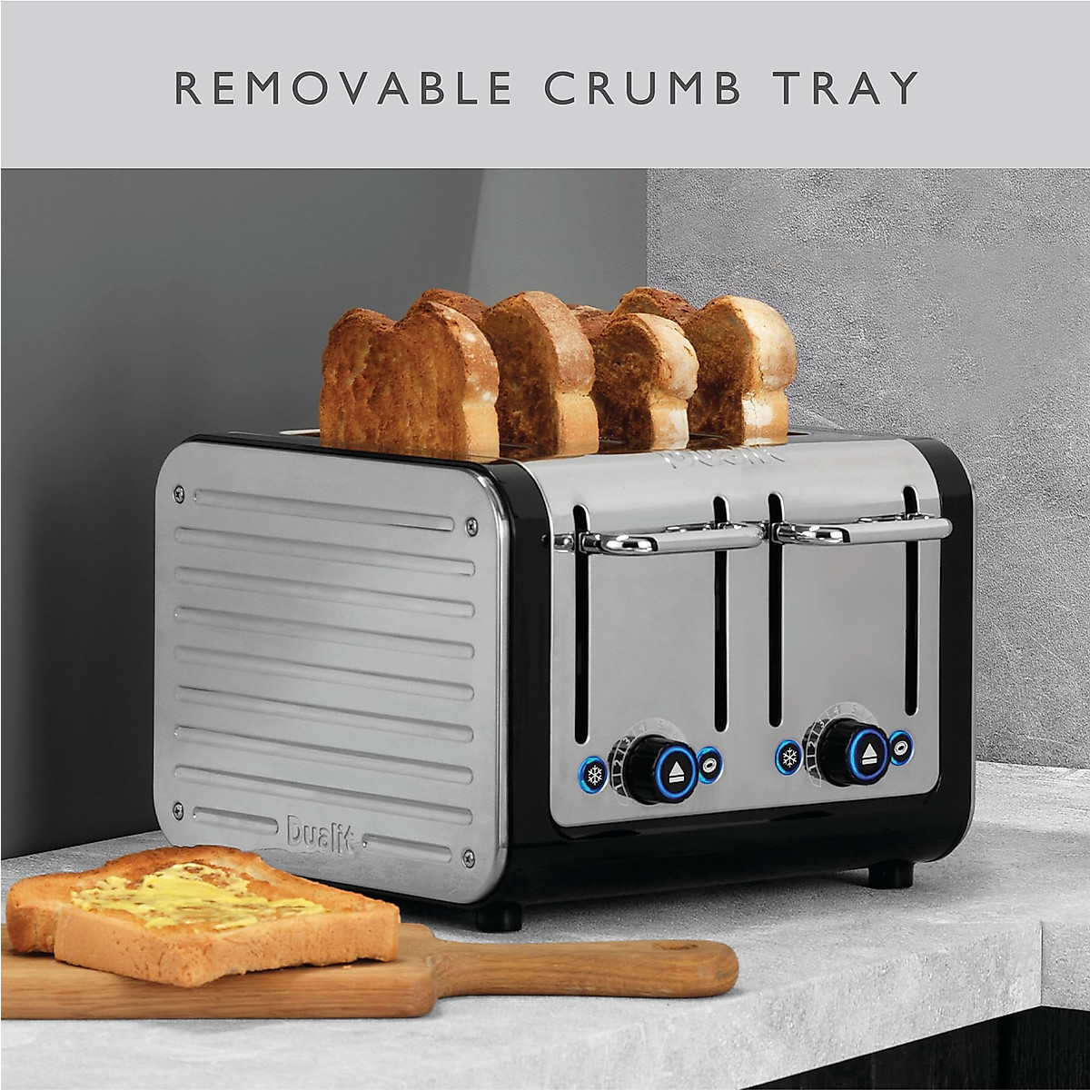 Dualit Design Series 4 Slice Toaster | Polished Stainless Steel with Black Trim | Extra-Wide Slots – Peek and Pop Function – Patented Perfect Toast Technology – Matching Kettle Available