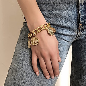 Jumwrit Chunky Chain Bracelet Punk Cuban Curb Link Chain Bracelet Statement Gold Coin Bracelet for Women
