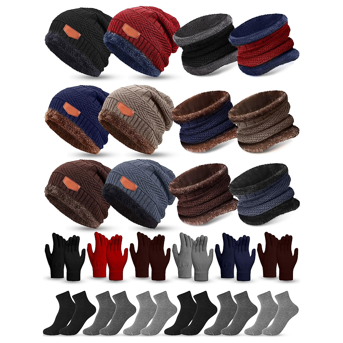 24 Pcs Winter Hat Scarf Gloves Socks Set Slouchy Knit Skull Cap Beanies Fleece Lined Knitted Hat Fleece Lining Neck Warmer Neck Gaiter Warm Sock for Women Men Cold Weather, Multicolor