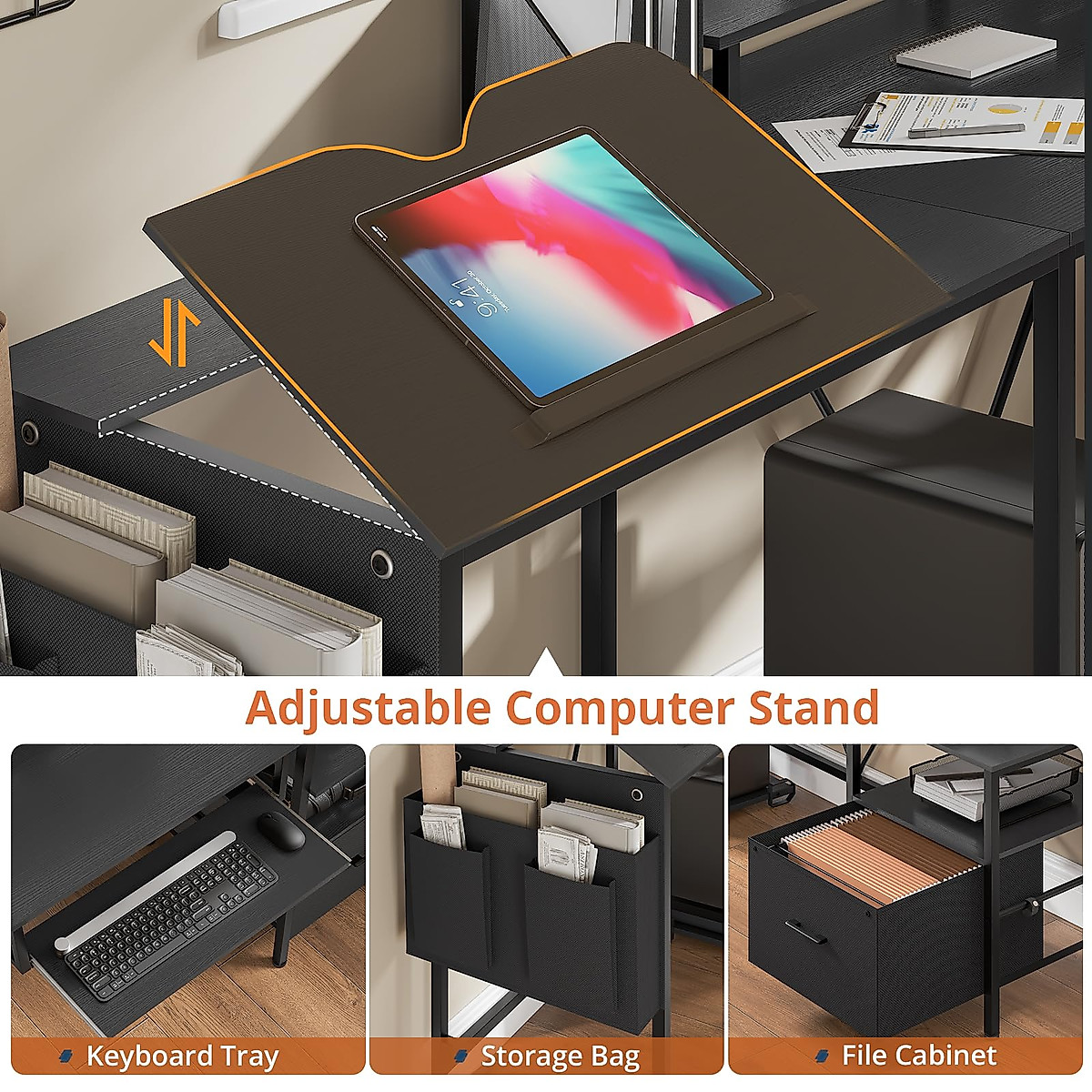 UPOSOJA L Shaped Gaming Desk with Keyboard Tray, Adjustable Drafting Table, Reversible Home Office Desk with Storage, Power Outlet LED Light File Cabinet Monitor Stand Printer Space (Black)