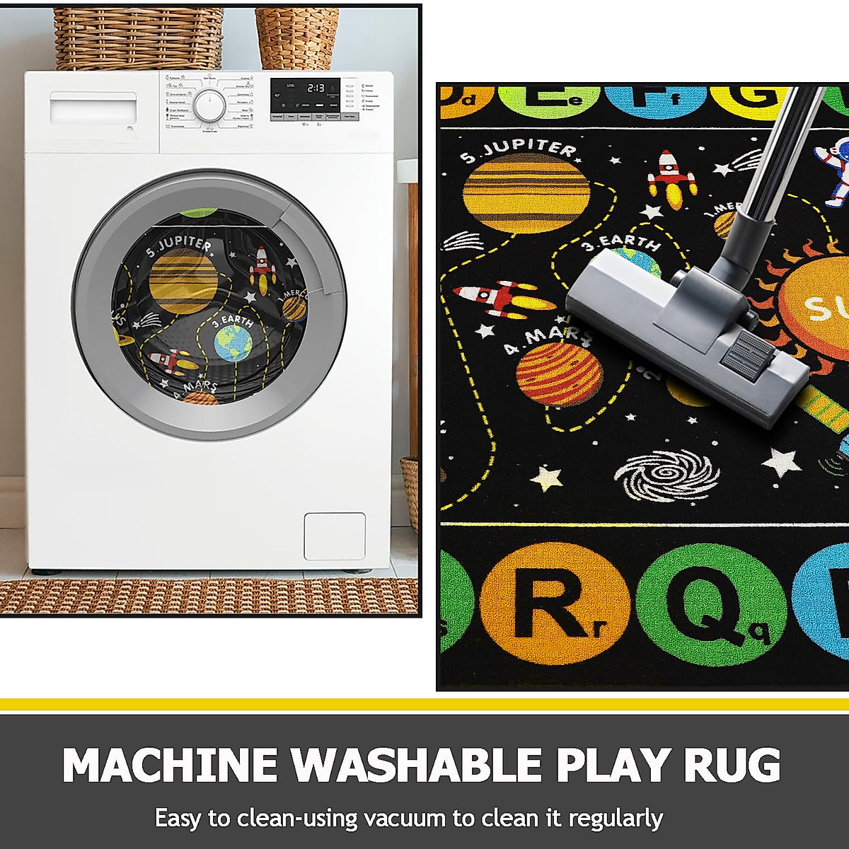 Capslpad Black Outer Space Kids Play Rug ABC Alphabet Kids Play Mat for Toddlers Non Slip Solar System Star Planets Nursery Rug for Baby Girl Boy Kids Carpet for Bedroom Playroom Nursery Decor,5'x6.6'