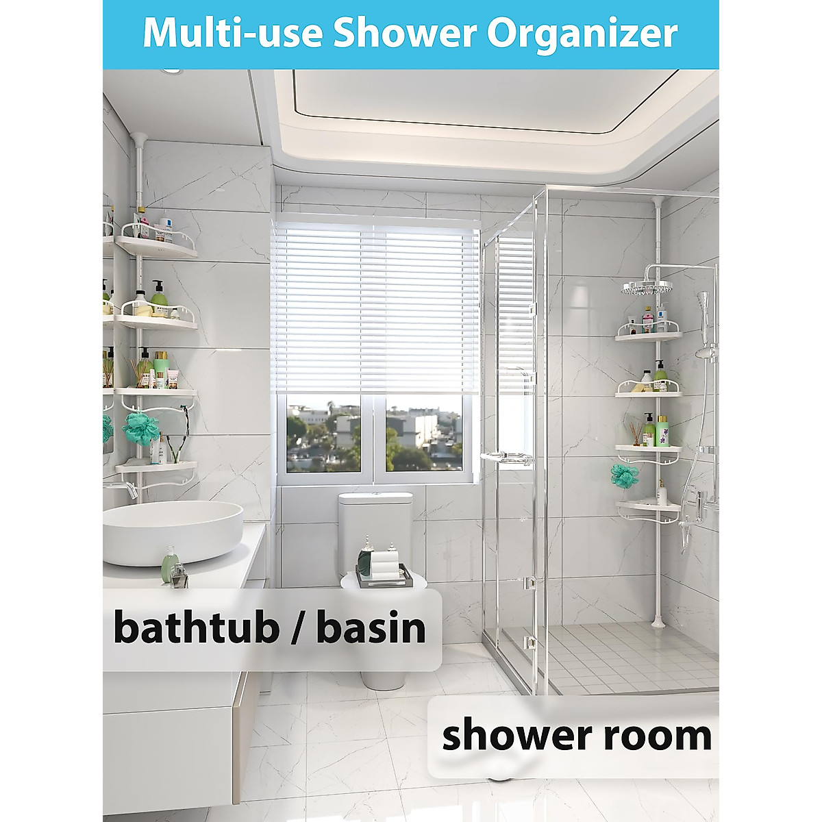 MIYA Adjustable Shower Caddy Corner Tension Pole, 4.5-9.5 FT Standing Corner Shower Organizer, 4-Tier Bathroom Storage Shelf for Inside Shower, Rustproof White Bathtub Caddies with Hooks, Drill Free