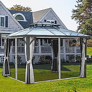 OUTMOTD 10x12 ft Polycarbonate Double Roof Gazebo with Netting and Shaded Curtains, Outdoor Gazebo 2-Tier Hardtop Galvanized Iron Aluminum Frame for Patio, Backyard, Deck and Lawns, Parties