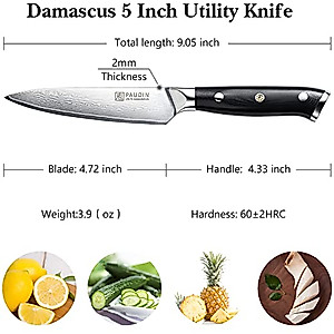 PAUDIN Utility Knife, 5'' Paring Knife, Damascus Kitchen Knife, 67-Layer Forged Blade Ultra Sharp Edge, Stainless Steel Knife, Full Tang G10 Handle with Triple Rivets, for Cutting Fruit and Vegetables