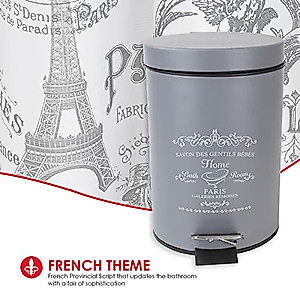 Home Basics Paris Collection Bathroom Accessories, Office, Bedroom, Decorative Waste Basket With Stylish Accent Decor To Complement Any Bathroom, 3 Liter Waste Bin, Grey