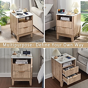 Nightstand with Charging Station, 18" Bedside Table with Faux Marble Top, 2 Drawers Night Stand Fluted Curved Wood End Table for Bedroom, Living Room, Modern Rustic Storage Cabinet, Natural Oak