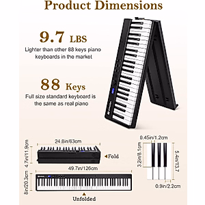 Folding Piano, Portable 88 Key Full Size Foldable Keyboard Piano Semi-Weighted Bluetooth with Light up Keys, Sustain Pedal and Handbag, Black, by Vangoa