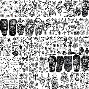 Bilizar 48 Sheets 3D Small Temporary Tattoos For Kids Women Neck Girls Arm Boys, Temp Tiny Halloween Tattoo Stickers Men Spider Cross Scorpion Snake Tiger Lion, Flower Ghost Skull Fake Tatoos Acnhor