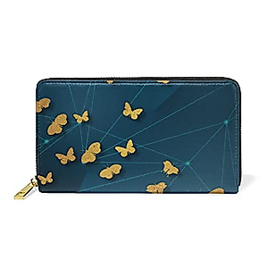 Seamless Golden Gold Butterflies on Abstract Blue Background Leather Long Wallet Organizer with Zipper Purse Clutch Bag for Women Men