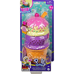 Polly Pocket Dolls and Accessories, Ice Cream Cone-Shaped Playground with 3 Floors and 2 Micro Dolls, Spin ‘n Surprise Compact​​