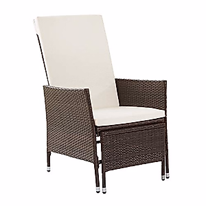 Teamson Home Patio High Back Chair PE Wicker with Pull-Out Ottoman and Cushions, Brown and White