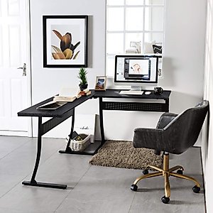L-Shaped Computer Gaming Desk, 54.3'' Corner Writing Table Workstation Multipurpose Space-saving Study Laptop Table with Wide Desktop & Sturdy Metal Legs for Home Office Bedroom, Easy Assembly, Black