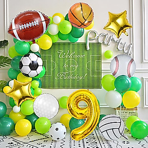 9 Pieces Sports Balloons, Football, Basketball, Baseball, Volleyball, Golf and Soccer Foil Balloon, Sports Birthday Number Mylar Foil Balloon, Sport Theme Birthday Party Supplies Decorations (9th)