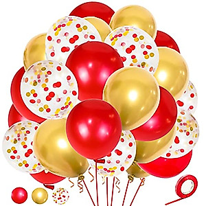 Red Gold Balloons 50 Pack, 12 inch Royal Red Latex Balloon, Metallic Gold balloons, Red Gold Mix Confetti balloon with 1 Ribbon for Christmas Valentines Day Party Decorations