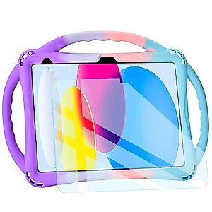 TopEsct Kids Case for iPad (A16) 11th Gen 11" 2025, iPad 10th Gen 10.9" 2022 with Tempered Glass Screen Protector, Silicone Shockproof Case Comes with Strap (Purple&Turquoise)