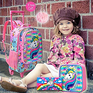 AGSDON 3PCS Rolling Backpack for Girls, Kids Roller Wheels Bookbag, Wheeled School Bag with Lunch Bag - Unicorn
