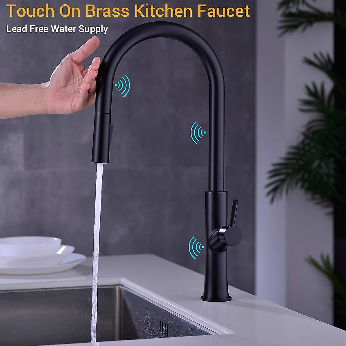TRUSTMI Touch Kitchen Faucet, Kitchen Sink Faucet, Smart Kitchen Faucet Touch-On Activated, Single Hole Kitchen Faucet with 2 Function Pull Down Sprayer, Lead-Free Water Supply, Matte Black