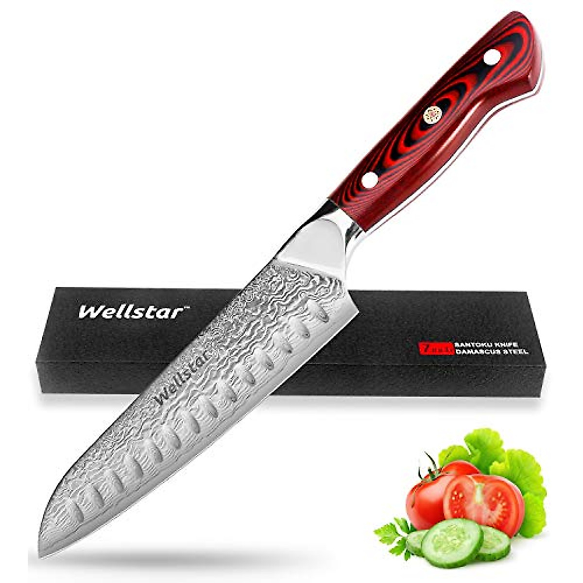 WELLSTAR Santoku Knife, Damascus Steel Kitchen Knife 7 Inch, Japanese AUS10 High Carbon Steel 67-Layer Blade Full Tang with Ergonomic G10 Handle, Razor Sharp Chefs' Knife - Gift Box