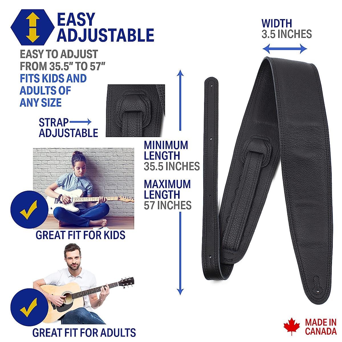 Perri's Leathers, Padded Leather Guitar Strap, Black, Anti-Slip, Classic, Suitable for Each Level, Adjustable from 41" to 56" Inch, Compatible w/All Button Lock Systems