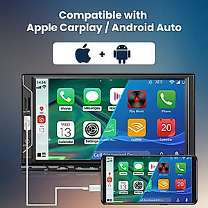 Double Din Car Stereo with Apple Carplay and Android Auto, Car Audio Receiver with Voice Control, 7 Inch Touchscreen Car Radio, Bluetooth, FM, AV in/USB Port, Mirror Link, Backup Camera