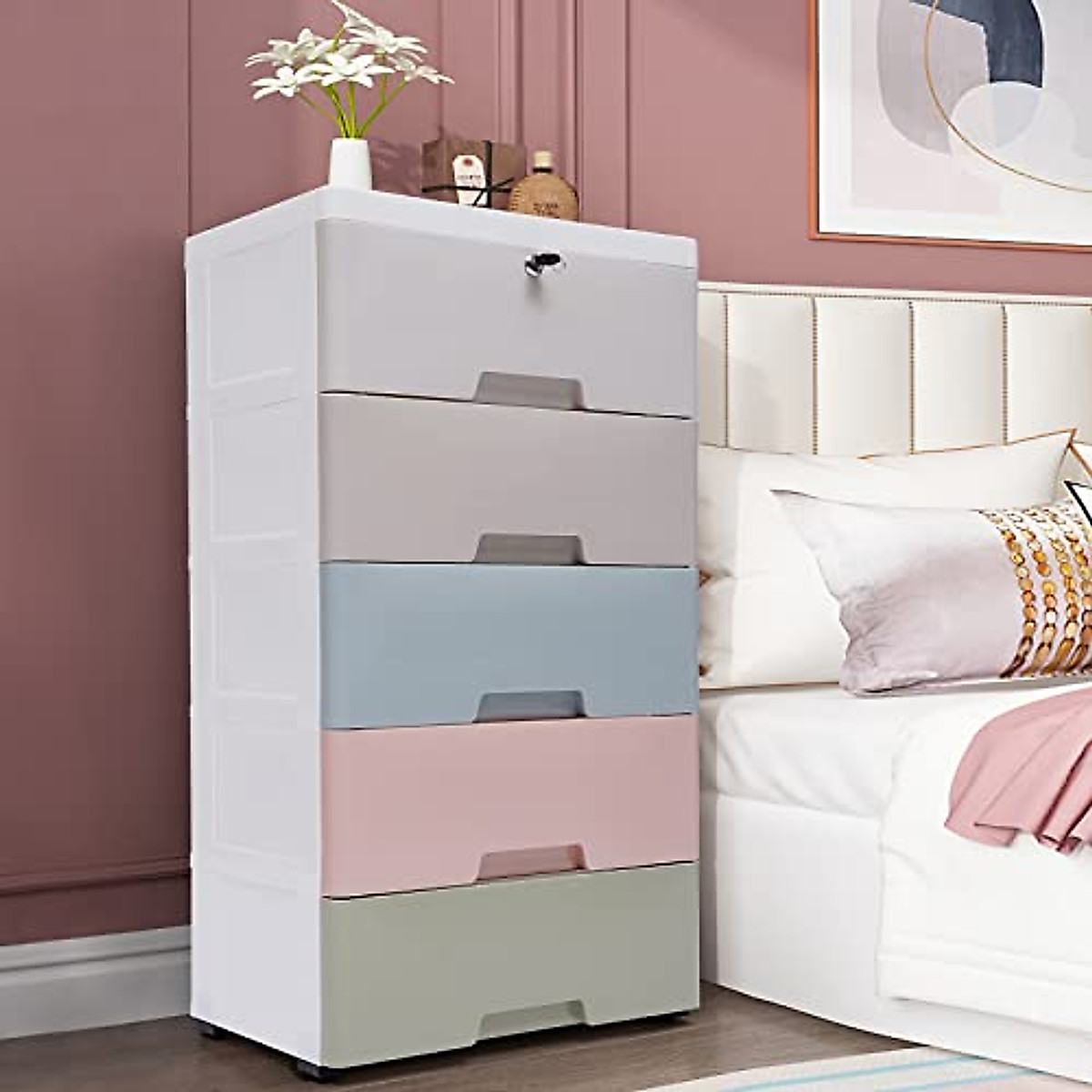 Drawer Chest, Plastic 5-Drawers Dresser Storage Cabinet With Lock, Closet Drawers Tall Vertical Storage Organizer With Wheels For Bedrooms, Living Rooms, Studies, Beauty Stores(Type9 With Lock)