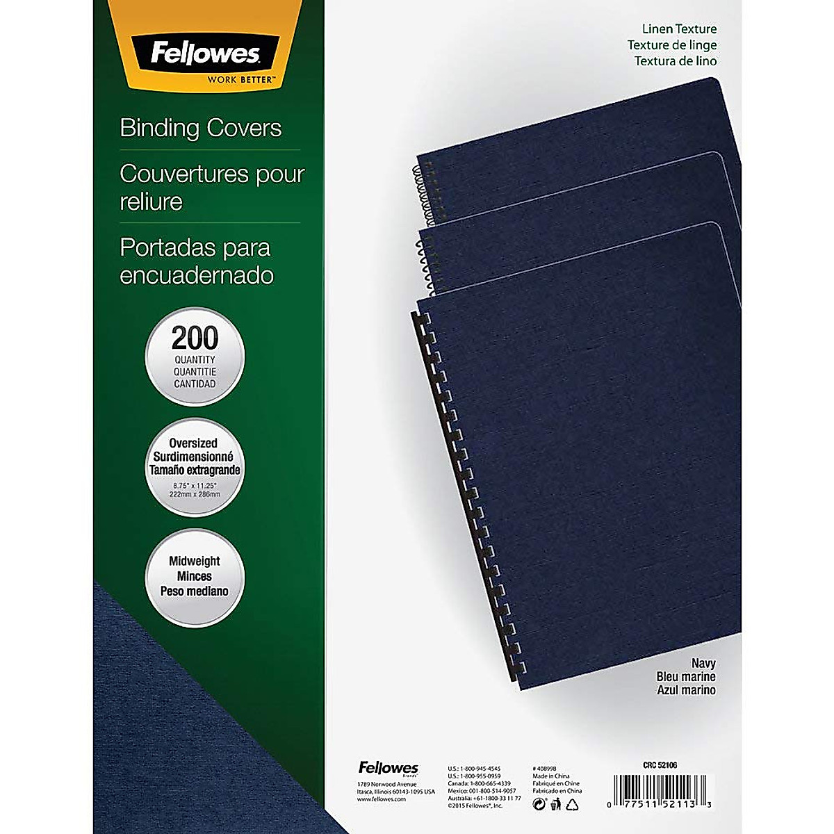 Fellowes Linen Presentation Covers, 11-1/4 Inch x 8-3/4 Inch, Navy, 200 per Pack (52113)