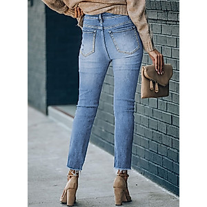 Sidefeel Women's Classic Skinny Frayed Ankle Denim Zimbaplatinum Stretch Straight Jeans Size 14 Blue