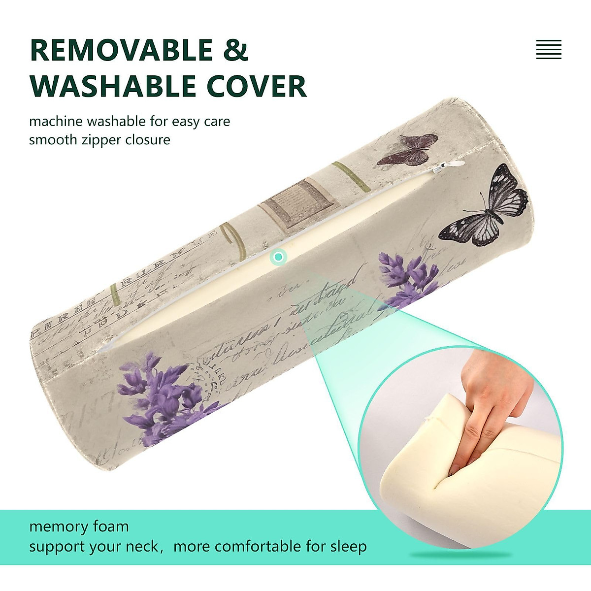 xigua Vintage Lavender Neck Roll Pillow for Neck Relief with Removable Washable Cover - Memory Foam Round Cylinder Bolster, Ergonomically Designed for Head, Neck, Back, and Legs