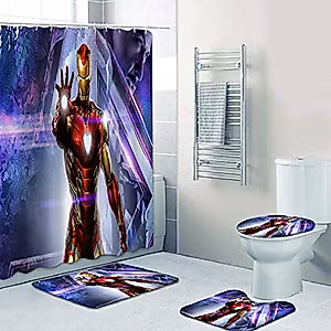 CPLAYSTORE Bathroom Set Cartoon Shower Curtain Set with Rugs, 4 Pcs Marvel Hero Waterpoof Fabric Shower Curtains with Hooks for Kids Bathroom Decor, 72''x72'' (Ironman-220305-03)