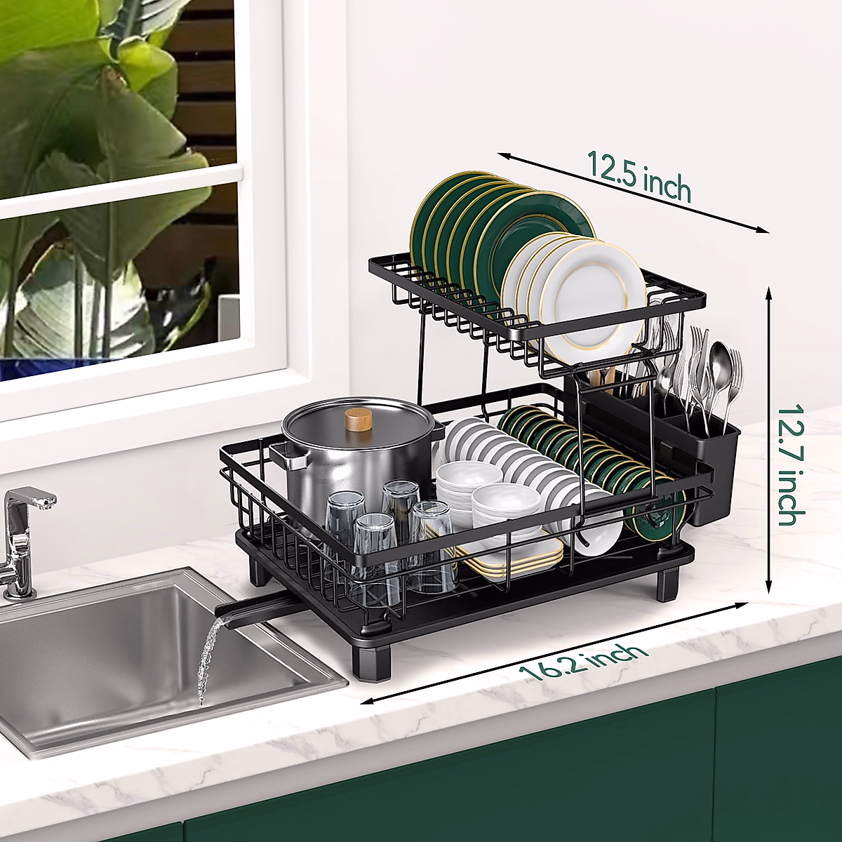 ROTTOGOON Large Dish Drying Rack, 2-Tier Stainless Steel Dish Racks for Kitchen Counter, Durable Dish Drainer with Drainboard, Drainage, Utensil Holder for Various Kitchenware, Black