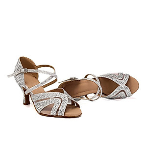 AOQUNFS Women Ballroom Dance Shoes Latin Salsa Practice Performance Shoes,1025,Silver-6, US 9.5
