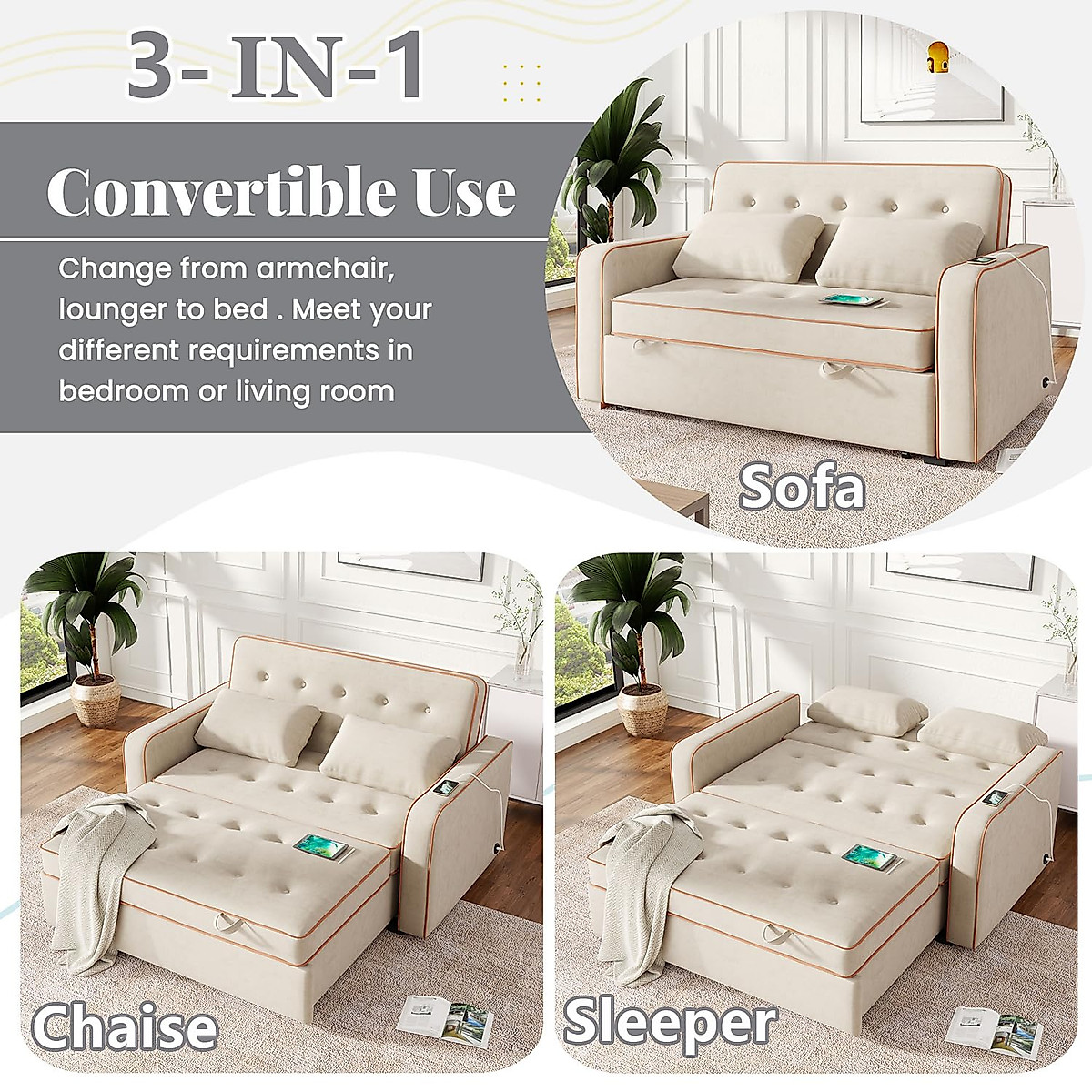 YiMiYom 65.7" Full Size Sleeper Sofa Bed, 3-in-1 Pull Out Sofa Bed Couch, Velvet Loveseat Sofa Sleepers with Extra Thick Cushion, 2 Throw Pillows, 2 USB Port and Adjustable Backrest (Beige)