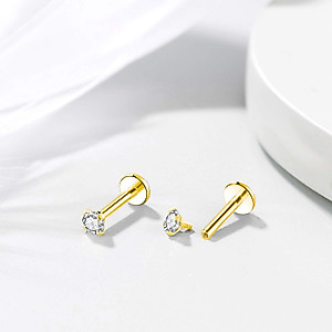 KaseStyle G23 Titanium Labret Studs 16G Lip Studs Earring Piercing Internally Threaded CZ Top Labret Monroe Helix Cartilage Tragus Piercing Studs-8mm 2 pairs gold triple&round CZ