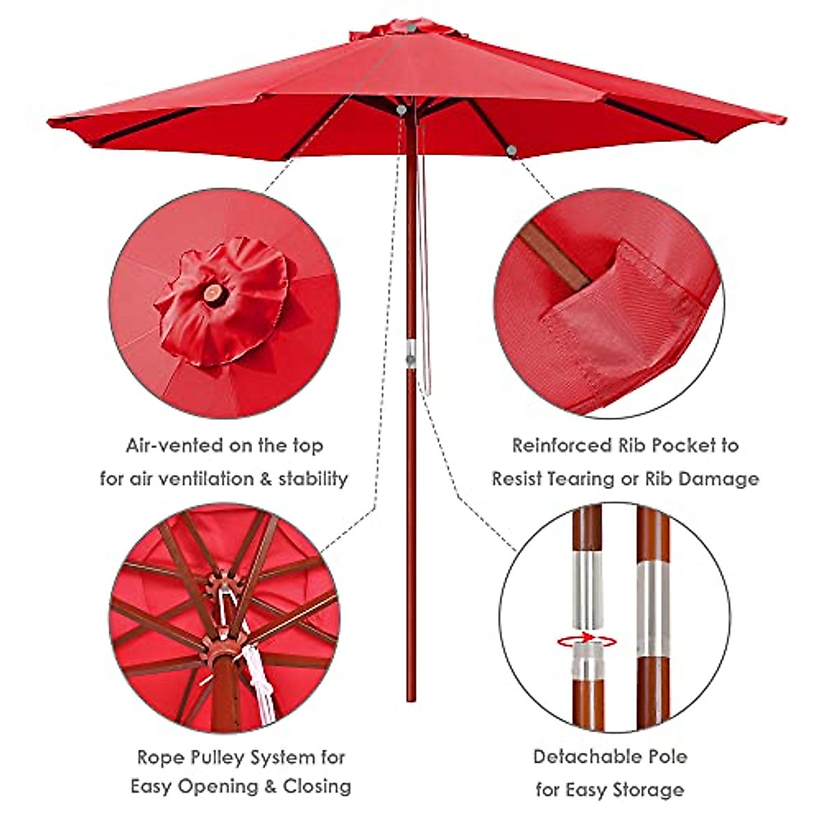 Yescom 9ft Wooden Outdoor Patio Red Umbrella W/ Pulley Market Garden Yard Beach Deck Cafe Sunshade