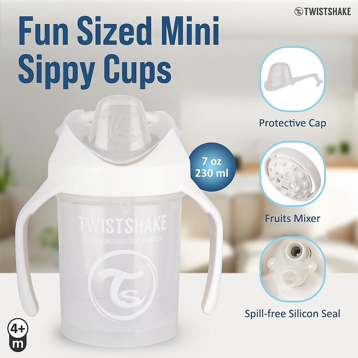 TWISTSHAKE Sippy Cups - Premium 230ml/8oz Toddler Sippy Cups for 4+ Months - Leak-Proof Design, Easy-Grip Bottle with Soft Sippy Spout, BPA Free - White