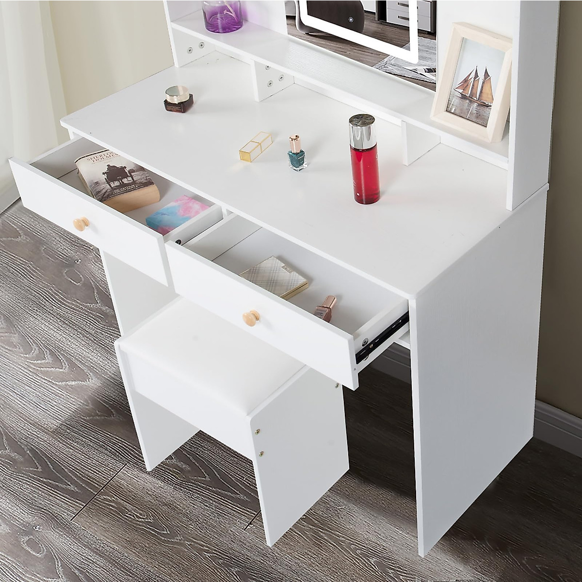 Caulitar Vanity Desk with Mirror and Lights-3 Color and Brightness Adjustable, Vanity Set with Drawers and Chair, White Makeup Vanity Table for Girls