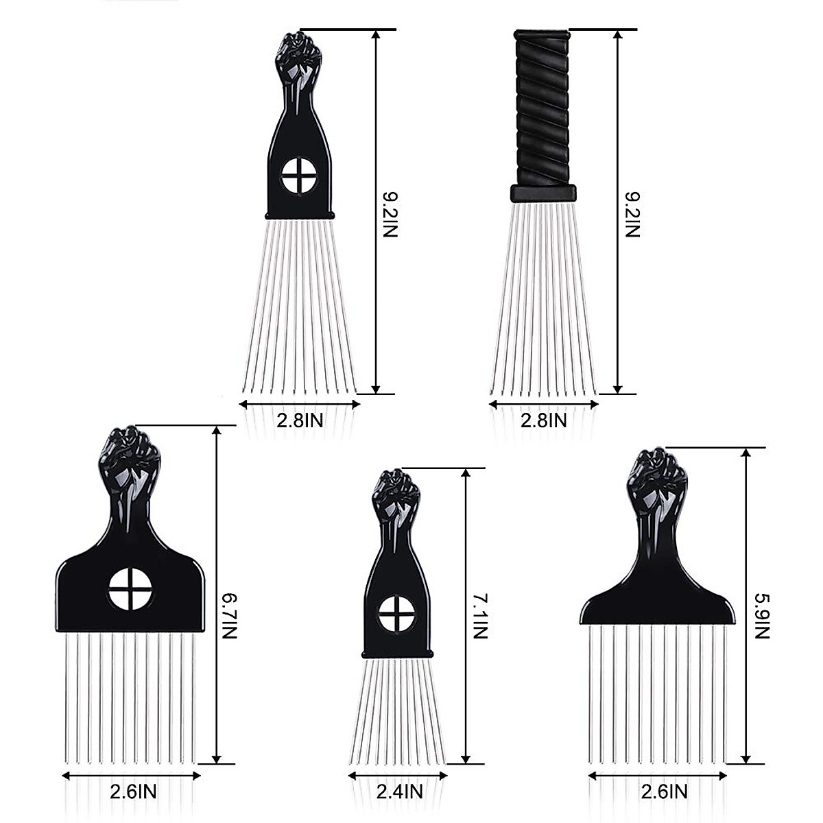 Hair Pick - BIGEDDIE 5 Pcs Metal Picks for Hair, Afro Pick Combs for African American Hair Styling, Fist Hair Pick Comb for Women and Men Black