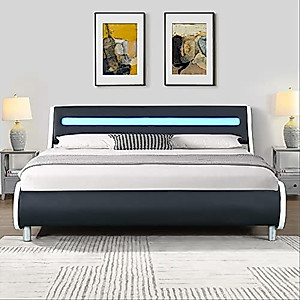 Queen Size Faux Leather Upholstered Platform Bed Frame with LED Lighting, Curve Design, Wood Slat Support, No Box Spring Required, Simple Assembly for Boys Girls Teenagers and Adults, Black+White