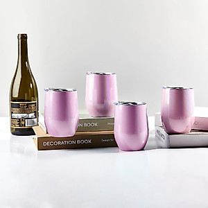 BetterSub 8 Pack 12oz Sublimation Glitter Pink Wine Tumblers Double Wall Insulated Sublimation Blanks Tumblers, Stainless Steel Sublimation Cups with Lid, Metal Straw, Brush, Display Box